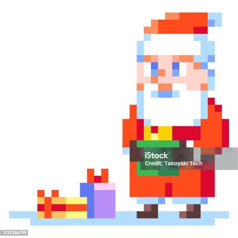 픽셀 아트 산타 클로스 선물 상자 레트로 8 비트 스타일 메리 크리스마스와 새해 복 많이 받으세요 겨울 휴일 그림입니다 스티커