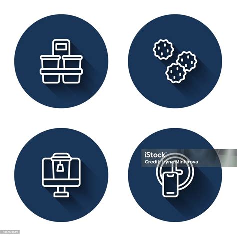 세트 라인 커피 컵 갈 쿠키 또는 비스킷 온라인 주문 음식 및 긴 그림자와 시계 배달 라운드 파란색 원 버튼입니다 벡터 아이콘에