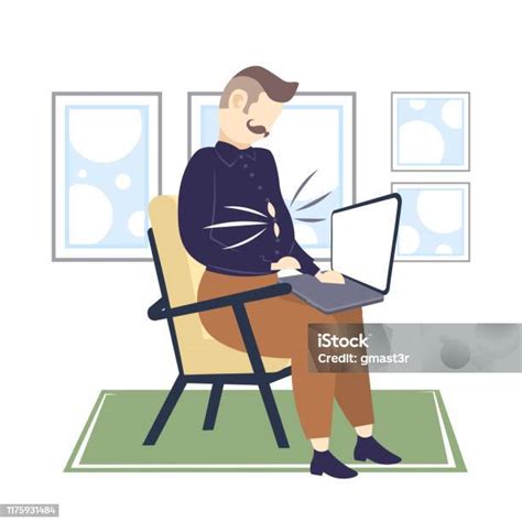 뚱뚱한 사업가 와 뚱뚱한 배 꼽 노트북 과체중 사업가 앉아 안락 의자 건강에 해로운 라이프 스타일 비만 개념 평면 전체 길이 가공의 인물에 대한 스톡 벡터 아트 및 기타