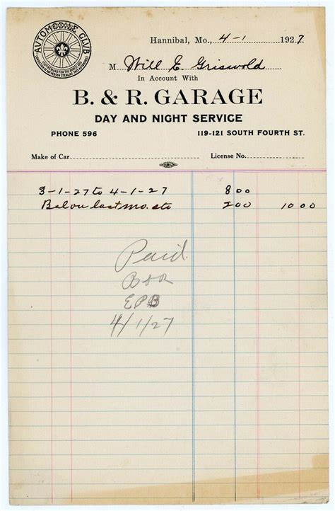 Vintage 1927 Invoice Billhead Receipt Bandr Auto Club Garage S 4th St
