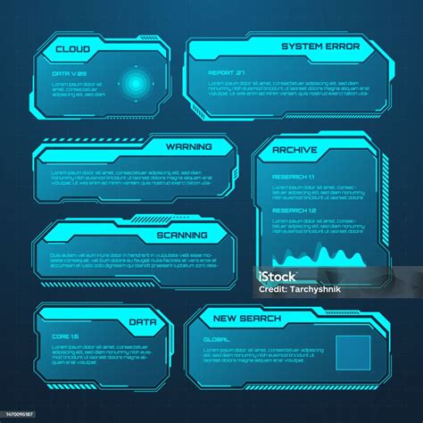 파란색 미래형 Hud 또는 Ui 요소 공상 과학 사용자 인터페이스 텍스트 상자 설명선 경고 메시지 프레임 정보 상자 템플릿입니다 디지털 스타일의 현대적인 게임 인터페이스