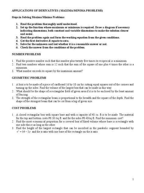 04 2 Applications Of Derivatives Word Problems Rev2018 Pdf Area Maxima And Minima