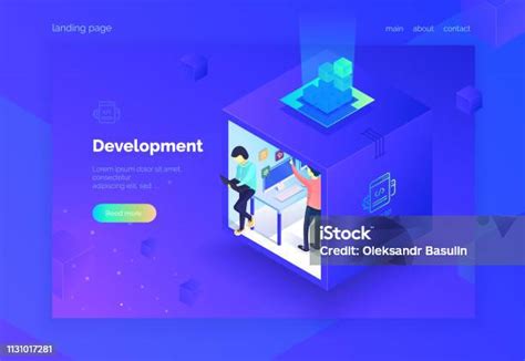 웹 응용 프로그램 개발 팀웍 작업 과정에 있는 사람들의 그룹입니다 랜딩 페이지 벡터 일러스트 레이 션은 자외선 배경에 아이소메트릭 스타일 개발에 대한 스톡 벡터 아트 및