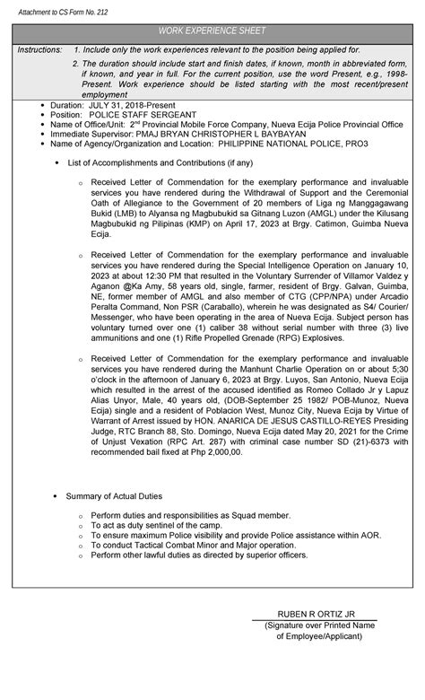 WORK Experience Sheet Sample CS Form No 212 New RUBEN R ORTIZ JR Signature Over Printed