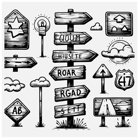 Wooden Road Signs Hand Drawn Illustrations Set Stock Illustration