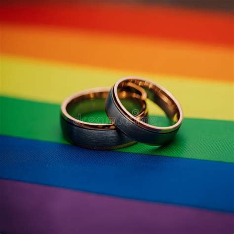 Lgbtq Wedding Rings Placed On A Rainbow Pride Flag Symbolizing Same