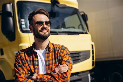 Premium Photo Man Trucker Happy Standing By His Truck