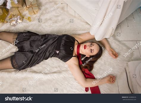 Strangled Beautiful Woman Black Dress Lies Foto Stok 543898225