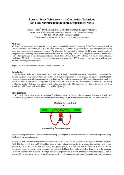 Pdf Lorentz Force Velocimetry A Contactless Technique For Flow Measurement In High