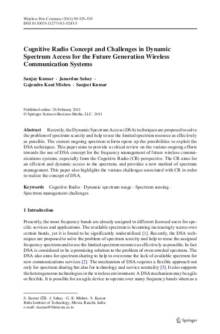 Pdf Cognitive Radio Concept And Challenges In Dynamic Spectrum Access For The Future