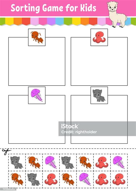 아이들을위한 게임을 정렬합니다 잘라 내고 접착제 워크시트를 개발하는 교육 아이들을위한 일치하는 게임 색상 활동 페이지입니다 아이들을위한 퍼즐 귀여운 캐릭터 벡터 그림입니다