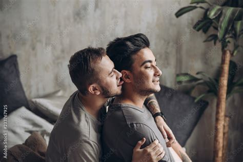 Two Sexy Blue Guys Enjoying Being Together Hugging Each Other Tenderly