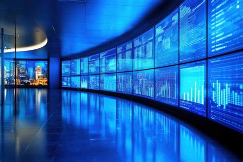 futuristic blue digital control room with large data screens displaying