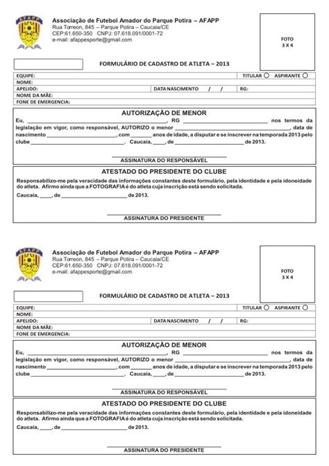 Ficha De Incrição Atleta 2013 Afapp