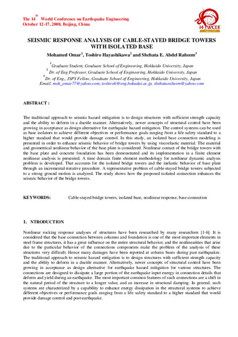 Pdf Seismic Response Analysis Of Cable Stayed Bridge Towers With Isolated Base
