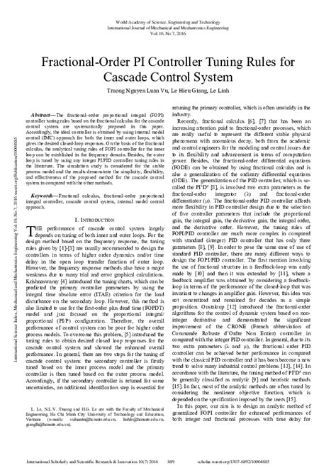 Pdf Fractional Order Pi Controller Tuning Rules For Cascade Control