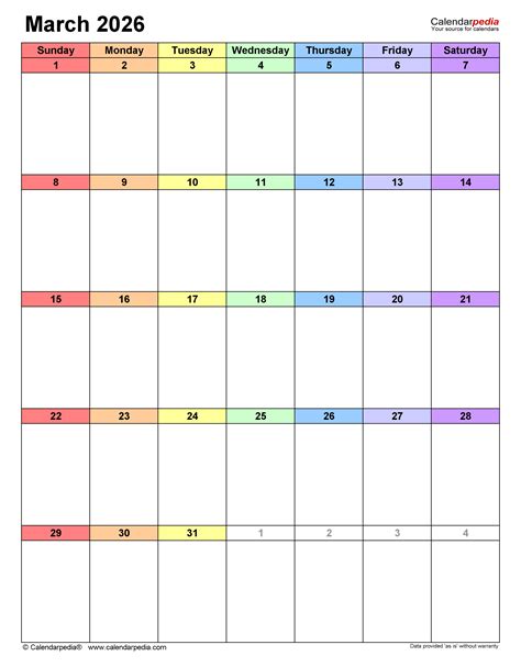 March 2026 Calendar Templates For Pdf Excel And Word