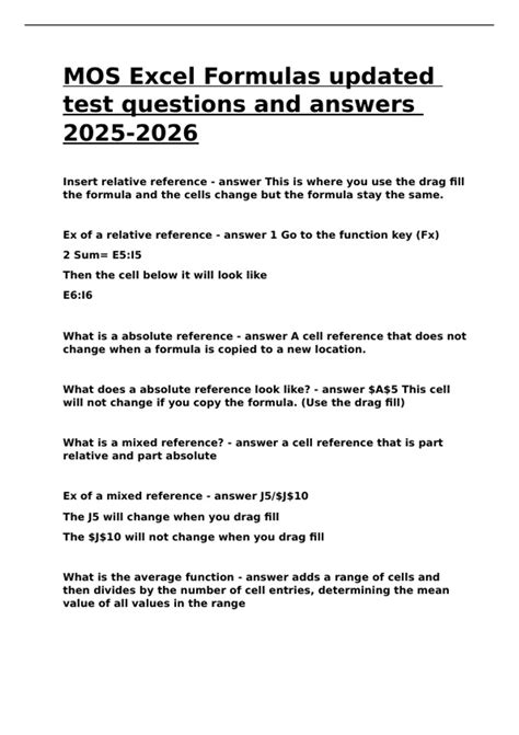 MOS Excel Formulas Updated Test Questions And Answers EXCEL MOS Certification Stuvia US