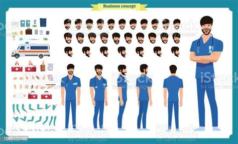 전면 측면 후면 애니메이션 캐릭터입니다 다양 한 플레이 얼굴 헤어스타일 포즈 감정과 제스처 설정 의사 캐릭터 창조 만화 스타일