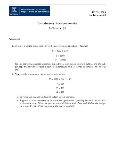 Tutorial ECON In Tutorial Introductory Macroeconomics In Tutorial Questions Consider A