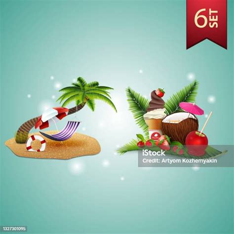 야자수 야수 해먹 비치 우산 코코넛 칵테일 딸기 라즈베리 체리 아이스크림을 위한 3d 볼륨 여름 아이콘 세트 3차원 형태에 대한 스톡 벡터 아트 및 기타 이미지 Istock