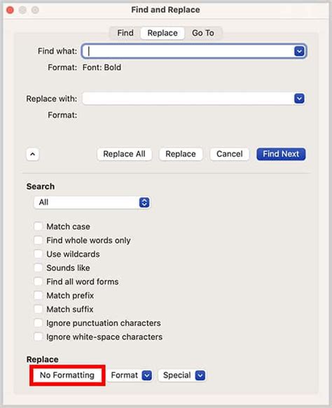 how to find and replace font formatting in word for mac