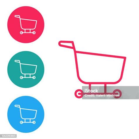 흰색 배경에 격리 된 빨간색 줄 쇼핑 카트 아이콘 푸드 스토어 슈퍼마켓 원 버튼에 아이콘을 설정합니다 벡터 일러스트레이션 가득 찬에 대한 스톡 벡터 아트 및 기타 이미지