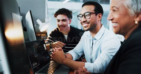web developer smile and celebration in office for software system or