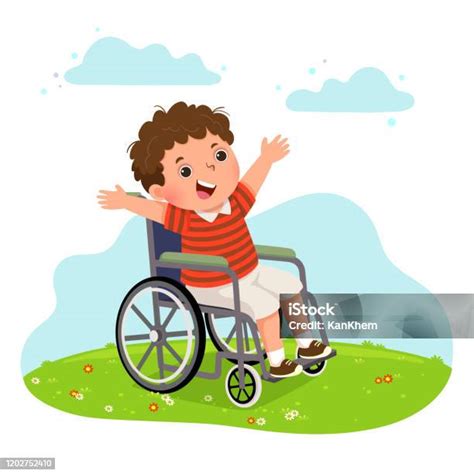 휠체어에 행복 장애인 소년의 벡터 그림입니다 건강 문제 개념입니다 휠체어에 대한 스톡 벡터 아트 및 기타 이미지 휠체어 아이 만화 Istock