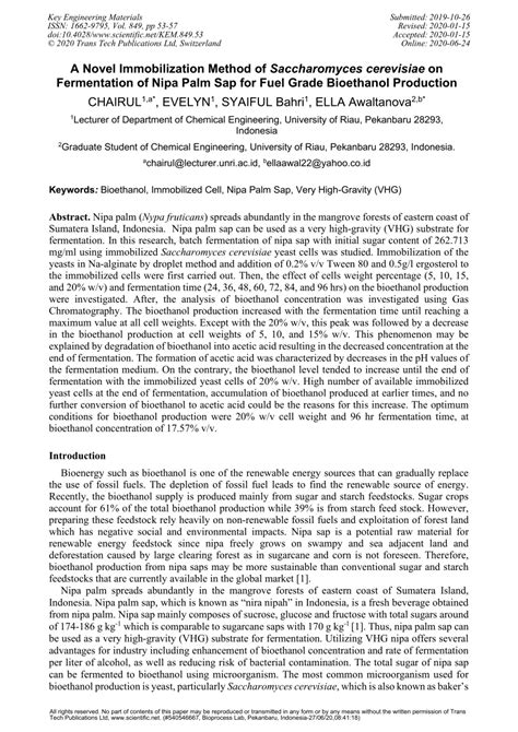 Pdf A Novel Immobilization Method Of Saccharomyces Cerevisiae On Fermentation Of Nipa Palm Sap