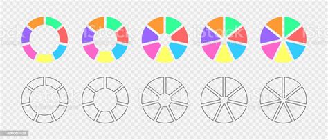도넛 차트는 7 개의 멀티 컬러 및 그래픽 세그먼트로 나뉘어져 있습니다 인포그래픽 휠 세트 둥근 다이어그램 또는 로딩 막대가 일곱 등분으로 자릅니다 7에 대한 스톡 벡터