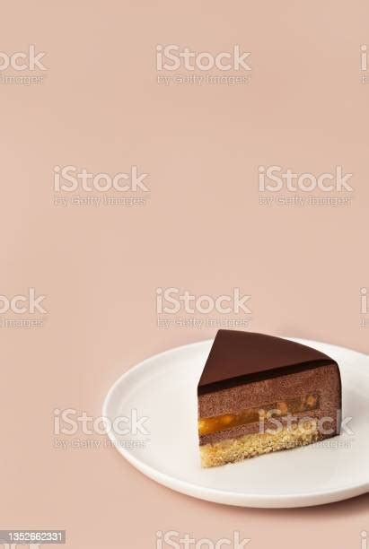 파스텔 커피 컬러 배경에 레이어와 질감이 있는 맛있는 초콜릿 무스 케이크 슬라이스 클로즈업 공간을 복사합니다 개념에 대한 스톡 사진 및 기타 이미지 Istock