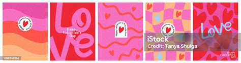 해피 발렌타인 데이 카드 세트의 창의적인 개념 하트 기하학적 및 액체 모양을 가진 현대 추상 예술 디자인 축하 광고 브랜딩 배너