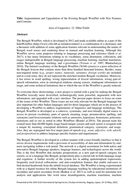 Pdf Title Augmentation And Upgradation Of The Existing Bengali Wordnet With New Features And