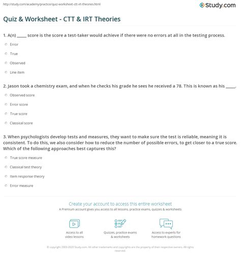 Quiz And Worksheet Ctt And Irt Theories