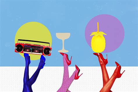 3d 스케치 트렌드 콜라주 포스터 여성 다리 발 뒤꿈치 보류 칵테일 글라스 마실 것 마티니 주말 편하게 하다 디스코 붐 박스