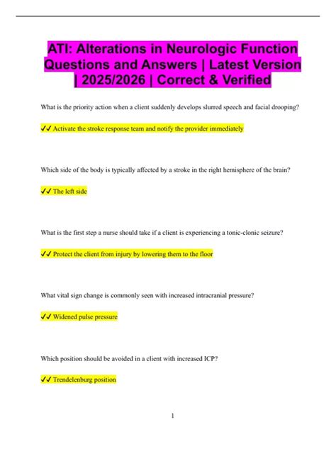 Ati Alterations In Neurologic Function Questions And Answers Latest Version 2025 2026