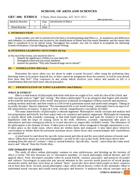 Ethics Module 1 Introduction To Ethics Pdf Morality Reason