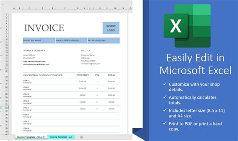 Printable Invoice Template Excelpdf Etsy