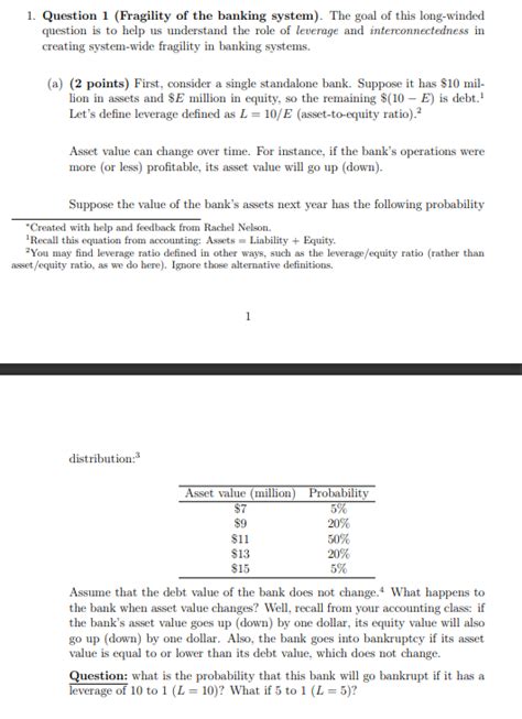 Solved 1 Question 1 Fragility Of The Banking System The