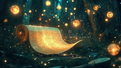 Ancient Glowing Fantasy Scroll Unrolling In A Mystical Forest Surrounded By Floating Lights And