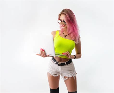 Premium Photo Sexy Girl In Bright Summer Clothes With A Laptop On A White Background Copy Paste