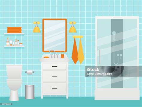 욕실 인테리어입니다 벡터 일러스트입니다 샤워 오두막 싱크대와 화장실 방입니다 화장실 가정용 시설에 대한 스톡 벡터 아트 및 기타 이미지 화장실 가정용 시설 화장실