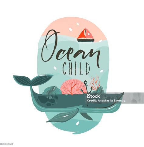 손으로 그린된 벡터 추상 만화 여름 시간 그래픽 일러스트 아트 템플릿 인쇄 배지 배경 파도 항해 및 바다 아이 인용 흰색 배경에 고립 된 아름다움 고래 계절에 대한 스톡