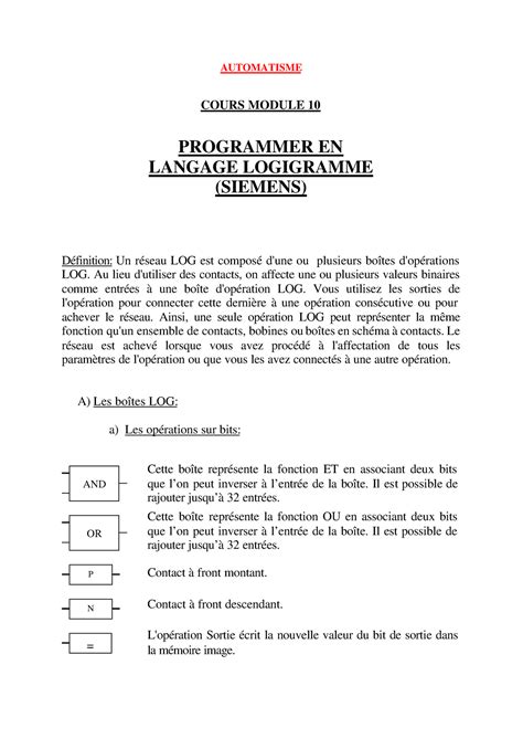 programmer en langage logigramme siemens automatisme cours module