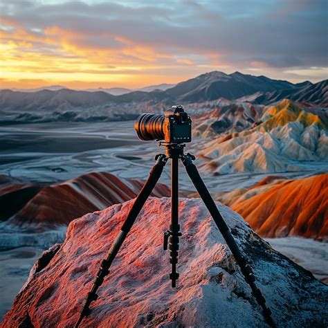 Professional Tripod With The Camera On The Rock While Taking Photos
