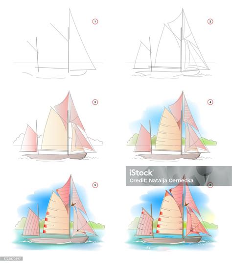 수영 범선의 스케치를 그리는 법을 배우는 방법 수채화 그림으로 단계적으로 창조 아티스트를 위한 교육 페이지입니다 예술적 기술 개발을위한 교과서 온라인 교육 개발에 대한 스톡
