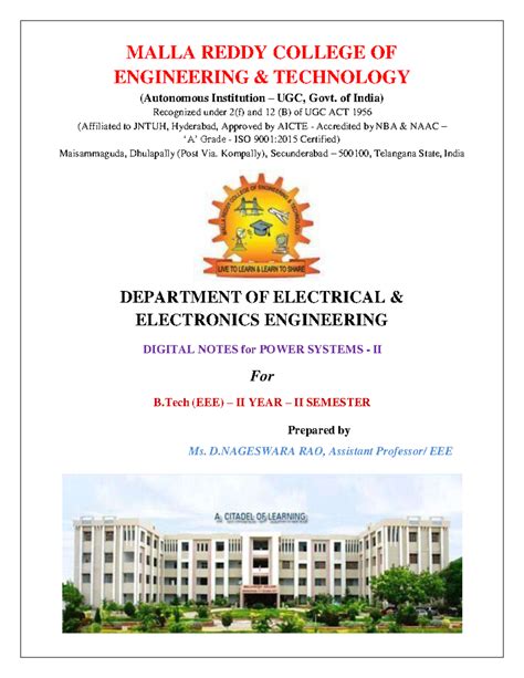 1 Power Systems Ii Digital Notes Malla Reddy College Of Engineering