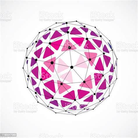 검은 색 연결 선과 점 기하학적 보라색 와이어 프레임 모양과 3d 벡터 낮은 폴리 구형 개체 삼각형 면으로 작성된 원근 구입니다