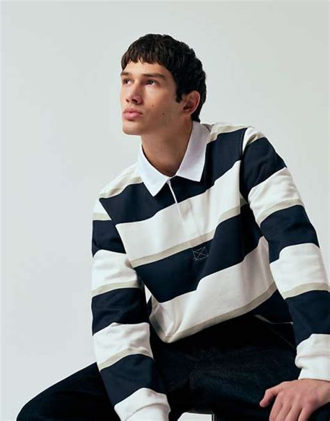 Asos Design Rugby Stripe Sweatshirt In Navy Asos